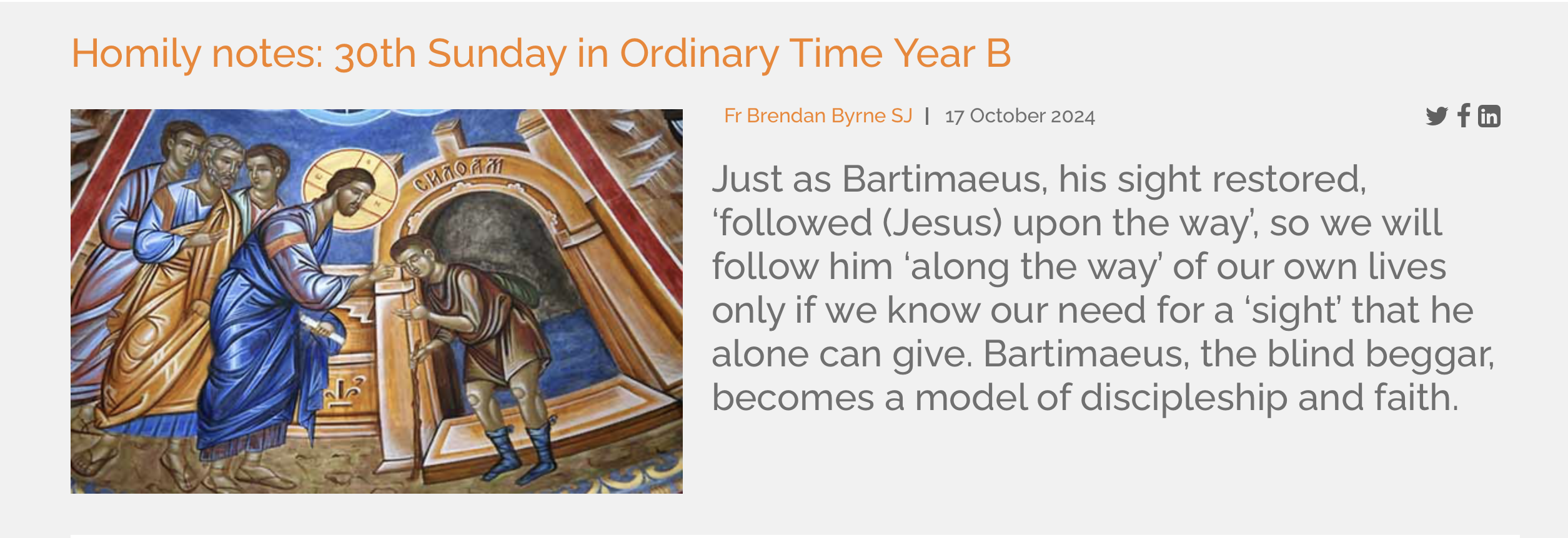 Fr Brendan Byrne SJ – Notes for Homily 30th Sunday Year B – Quaerens